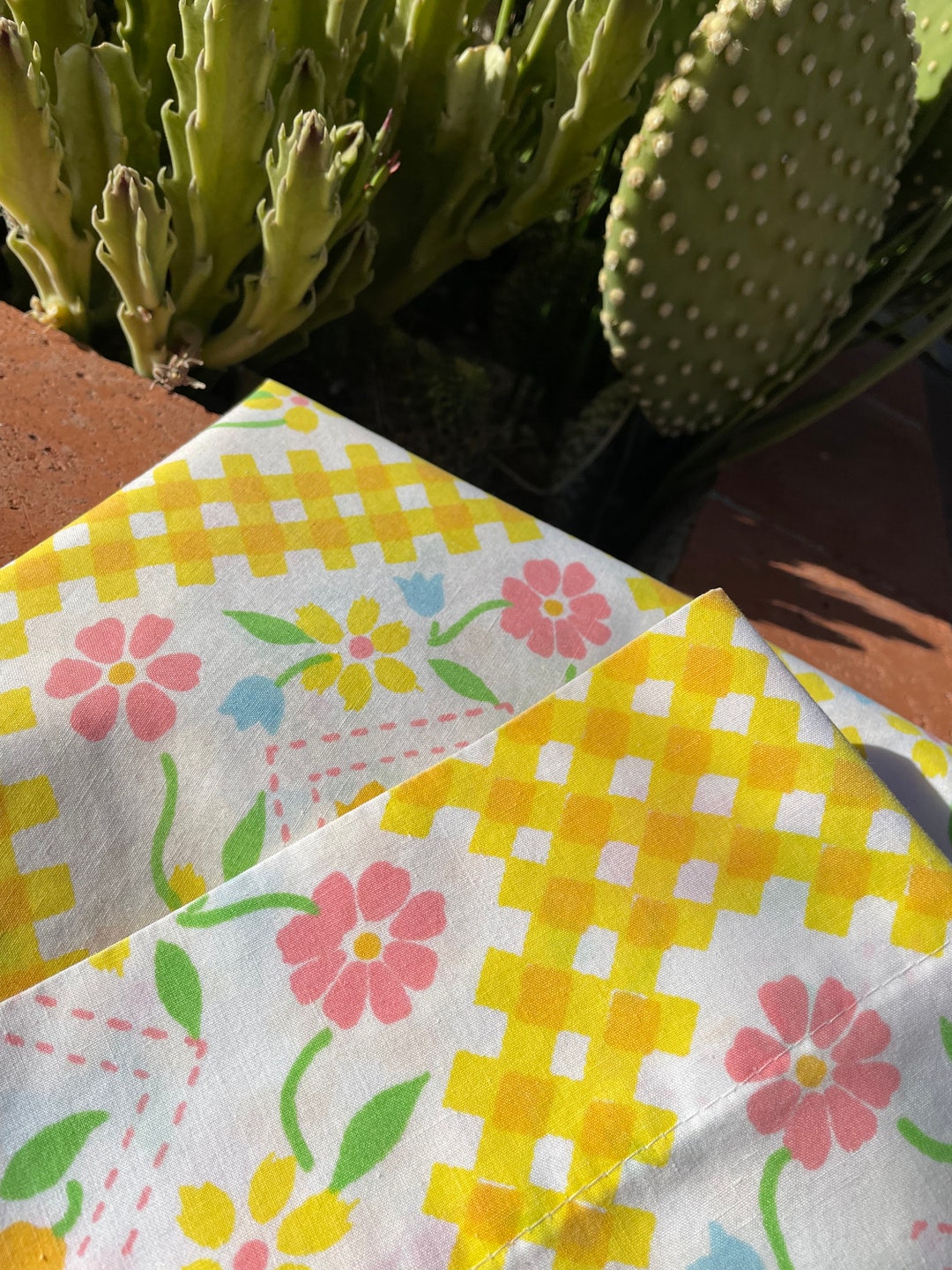 Vintage Floral Gingham Bedding 70s Flower Power Patchwork Gingham Bedding Abigails Garden Twin ...