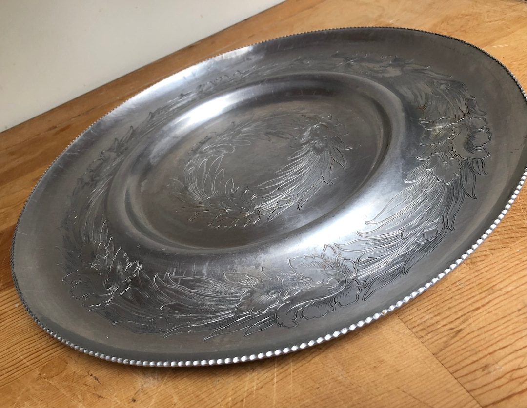 Vintage Hand Forged Metal Serving Tray Floral Embossed Hammered ...