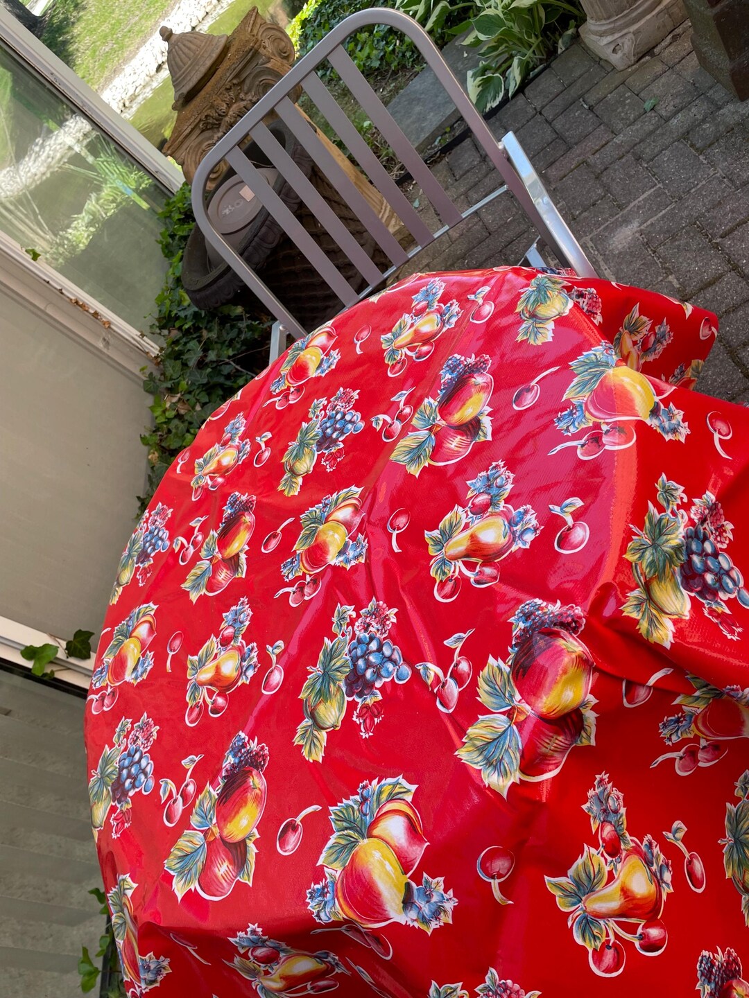 Vintage Oilcloth With Fruit, Red Oilcloth Tablecloth Picnic STYLE ...