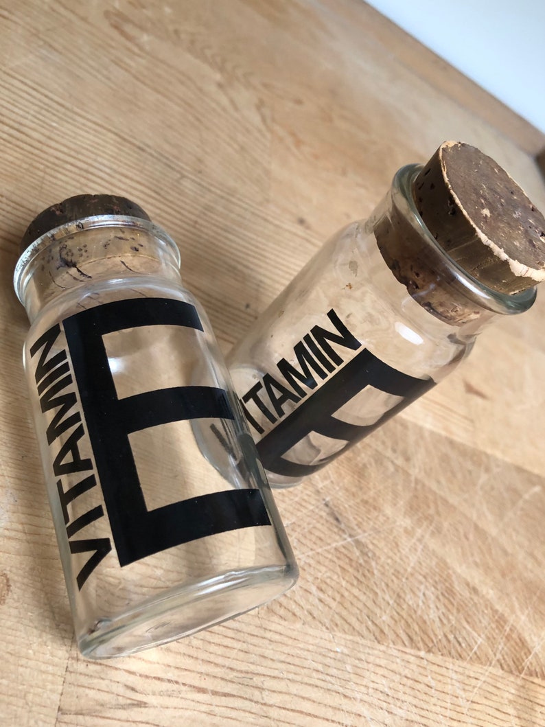 Vintage Glass Cork Vitamin Bottles Mod Typography Vitamin Storage Jars ...