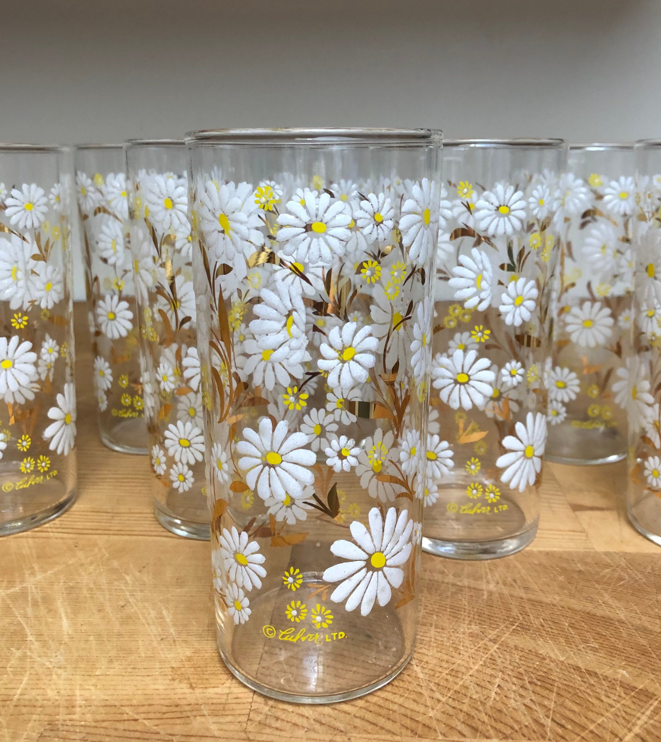 Vintage Barware Glass Set Culver Ltd Daisy Painted Enamel 22k Gold Leaf ...