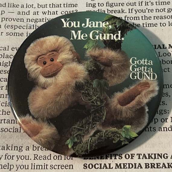 Gund Plush Monkey 1980s Pin Button Pinback - Gem