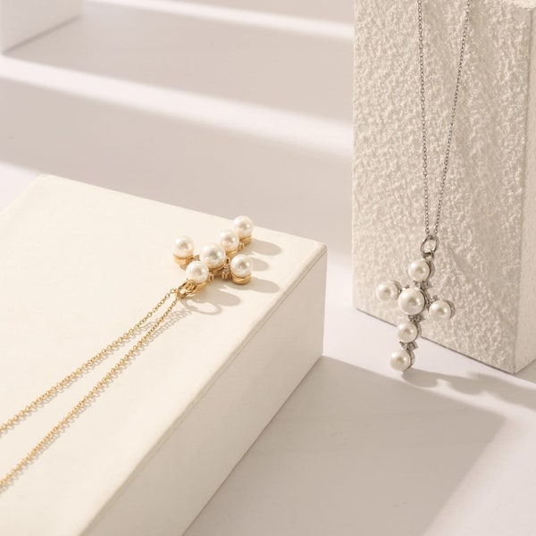 Pearl Cross Necklace Etsy
