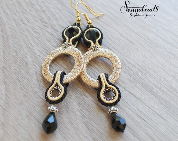 Soutache Earrings With Gold Cord Covered Rings and Sparkling - Etsy