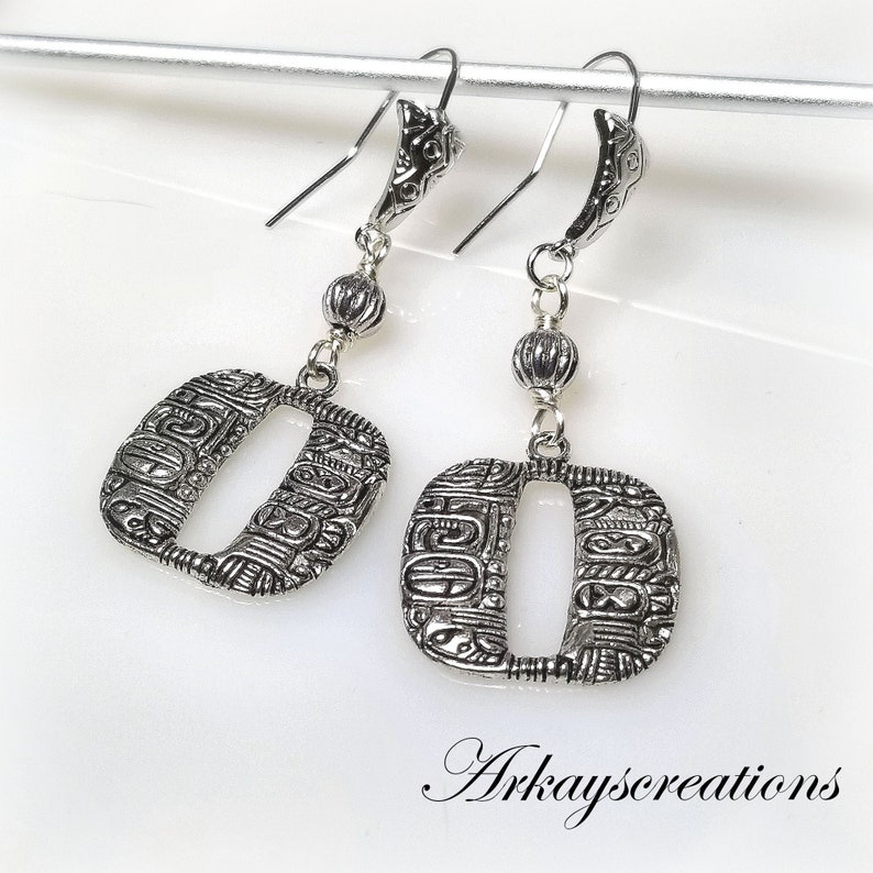 Silver Tribal Dangle Earrings, Boho Chic Style, Mayan Jewelry for Women ...