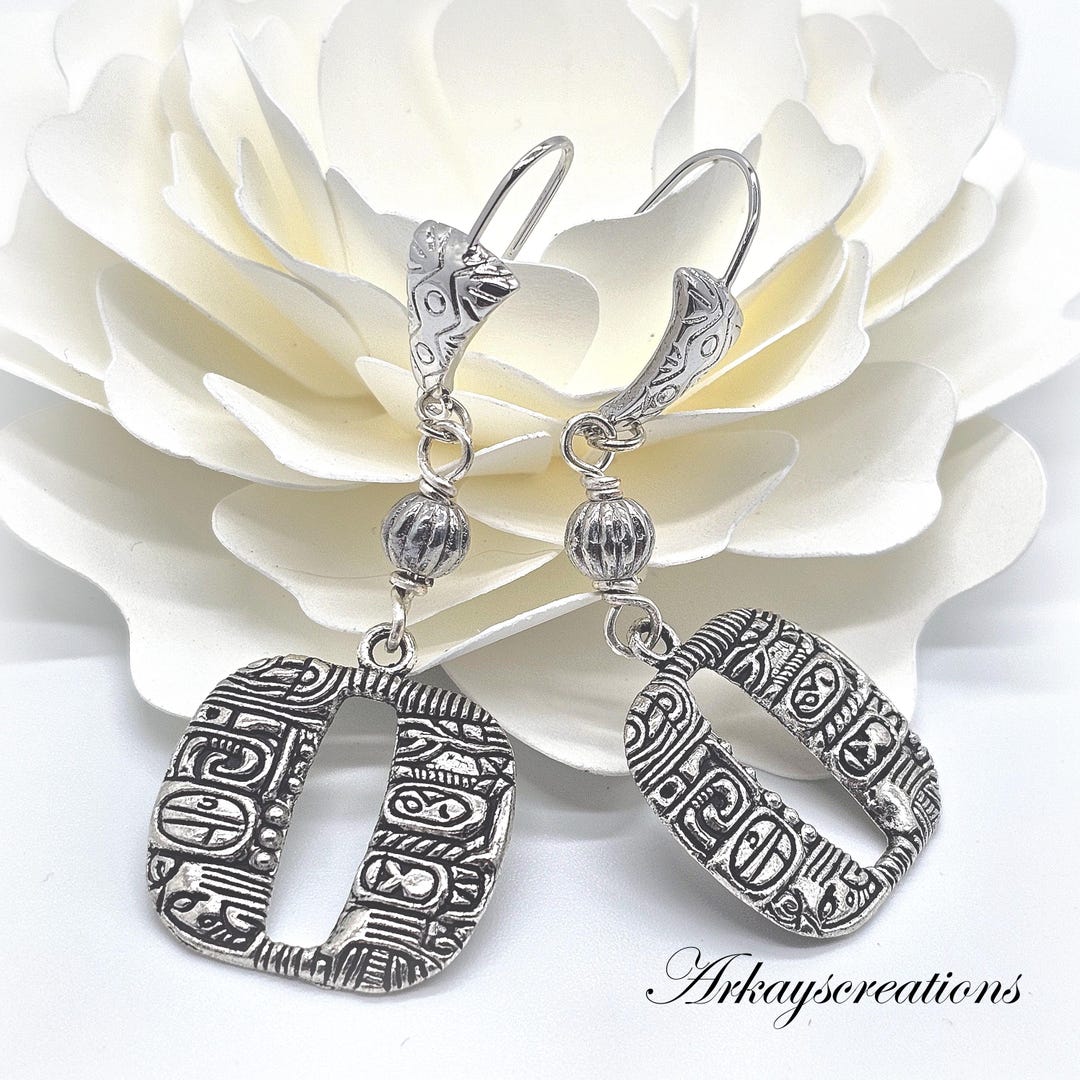 Silver Tribal Dangle Earrings, Boho Chic Style, Mayan Jewelry for Women ...
