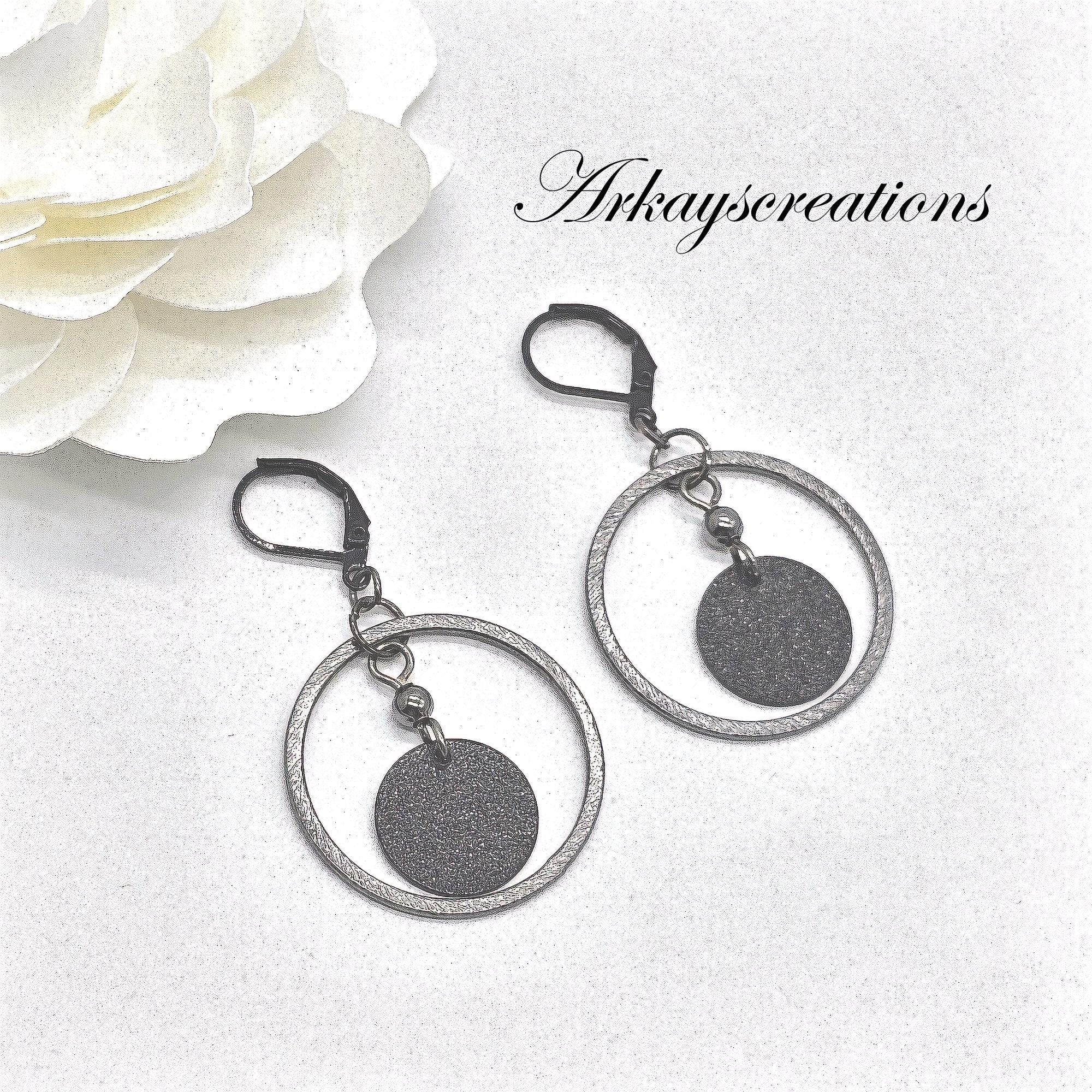 Stylish Black Geometric Dangle Hoops With Circular Accents - Etsy