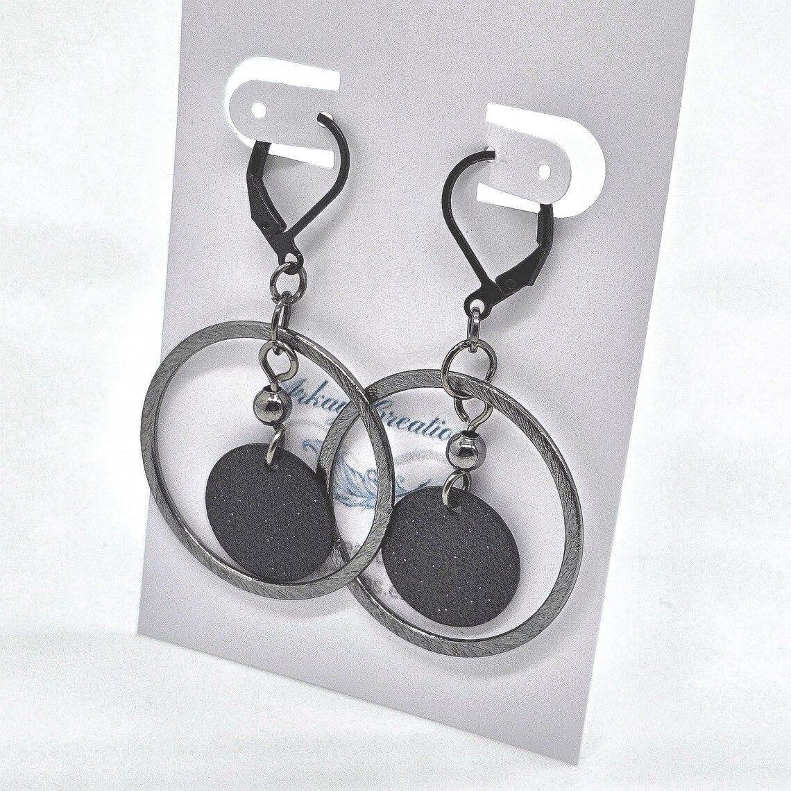 Stylish Black Geometric Dangle Hoops With Circular Accents - Etsy
