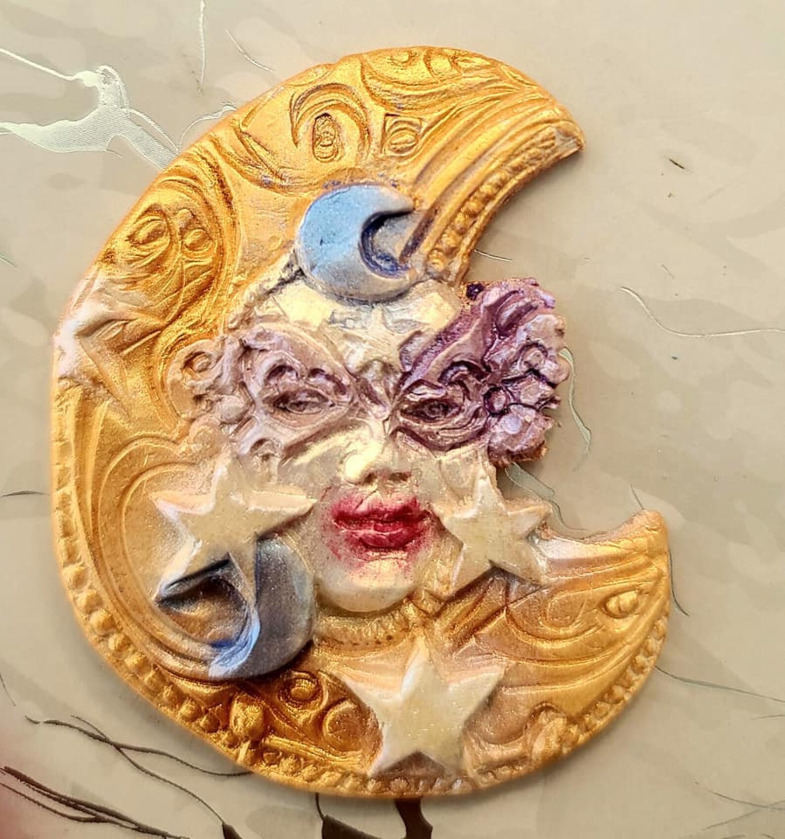 Moon and Stars Goddess Masked Face Polymer Clay Pendant - Etsy