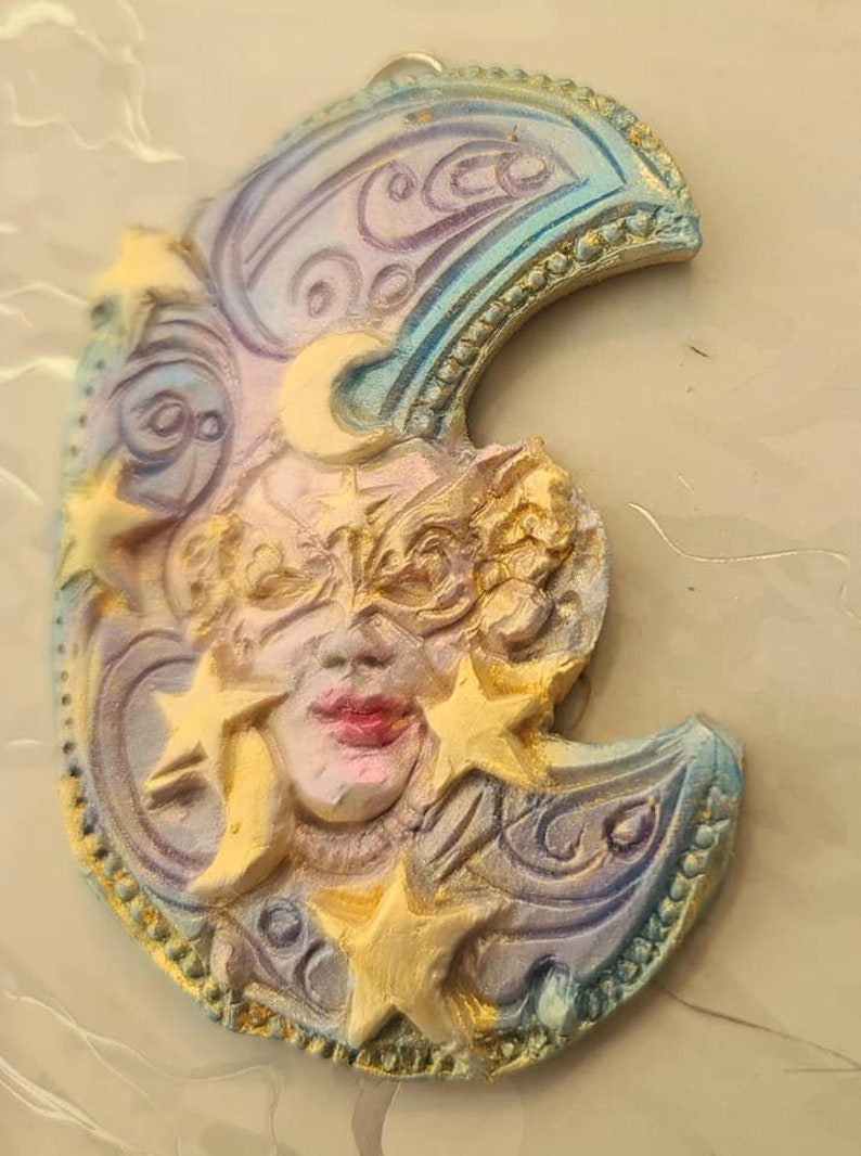 Moon and Stars Goddess Masked Face Polymer Clay Pendant | Etsy