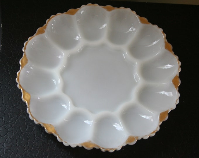 Vintage Milk Glass Deviled Egg Platter With Gold Trim - Wedding Gift ...
