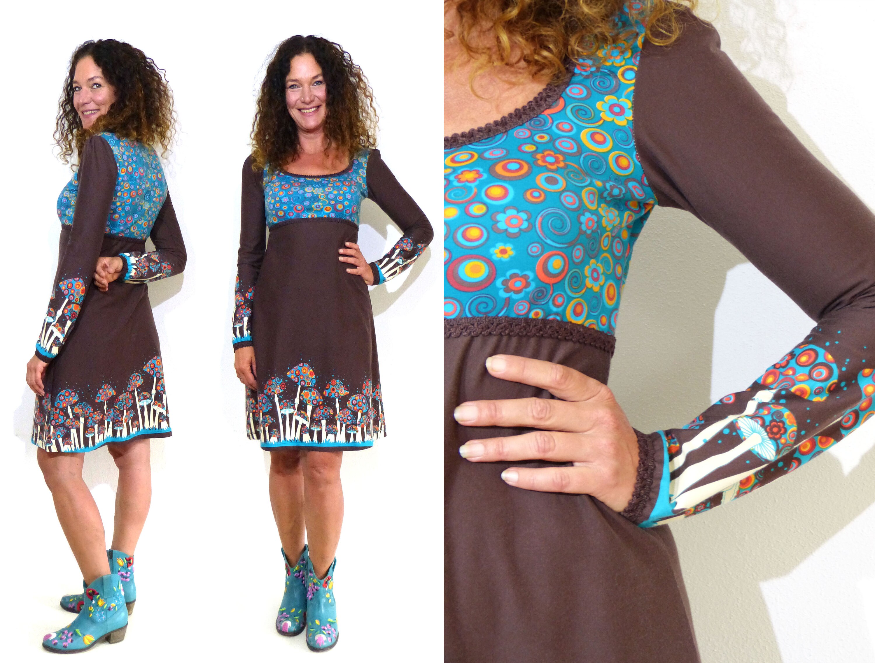 Damenkleid 3/4-Arm, A-Form, Empire - braun, türkis BIO - Etsy.de