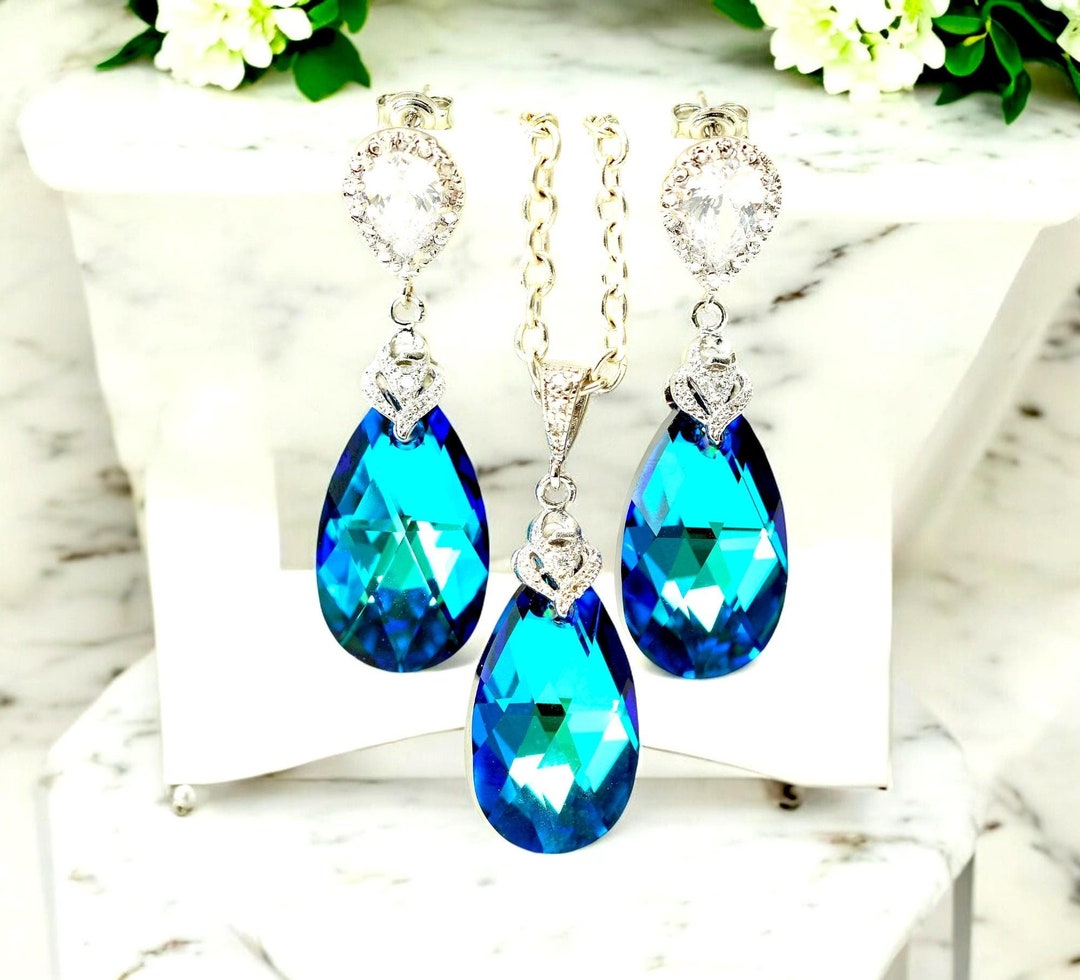 Blue Jewelry Set Necklace & Earrings Jewelry Set Bridesmaid Jewelry ...