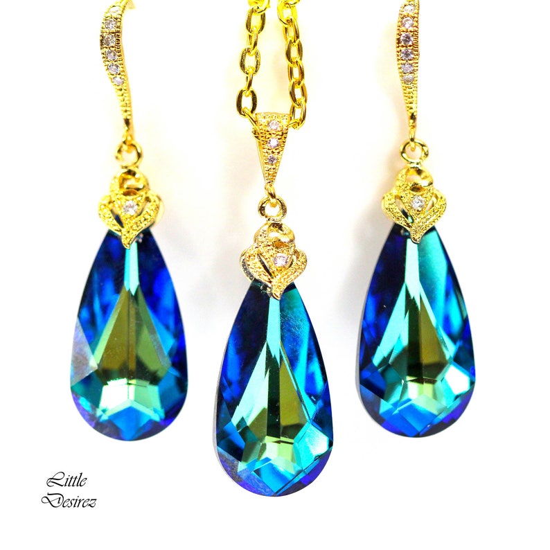 Bermuda Blue Crystal Necklace & Earrings Set Teal Blue Something Blue ...