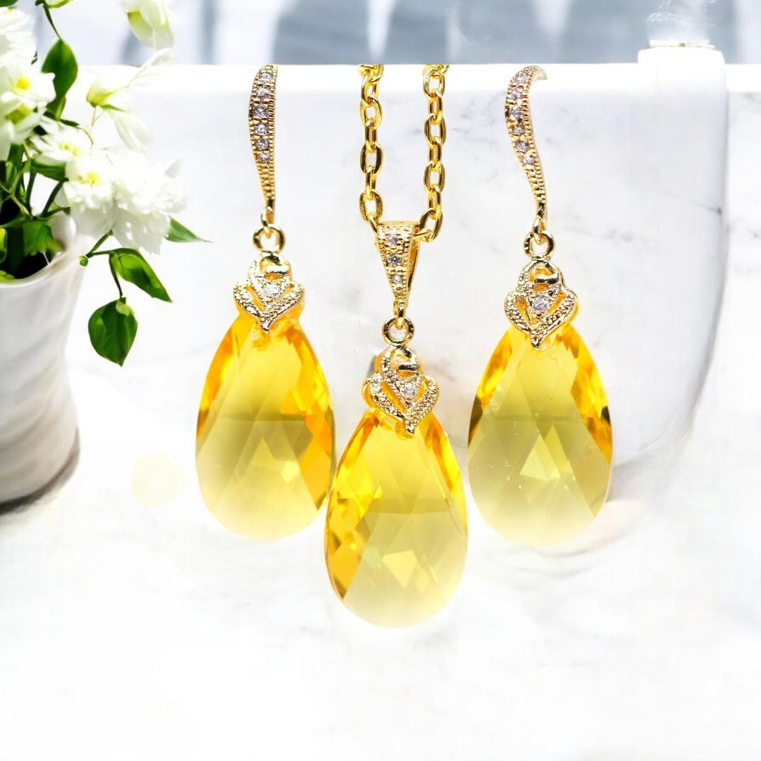 Yellow Jewelry Set Yellow Necklace & Earrings Crystal Earring ...