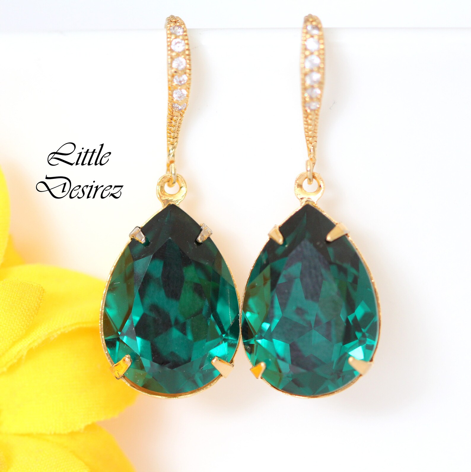 Emerald Gold Earrings Dark Green Earrings Crystal Emerald | Etsy