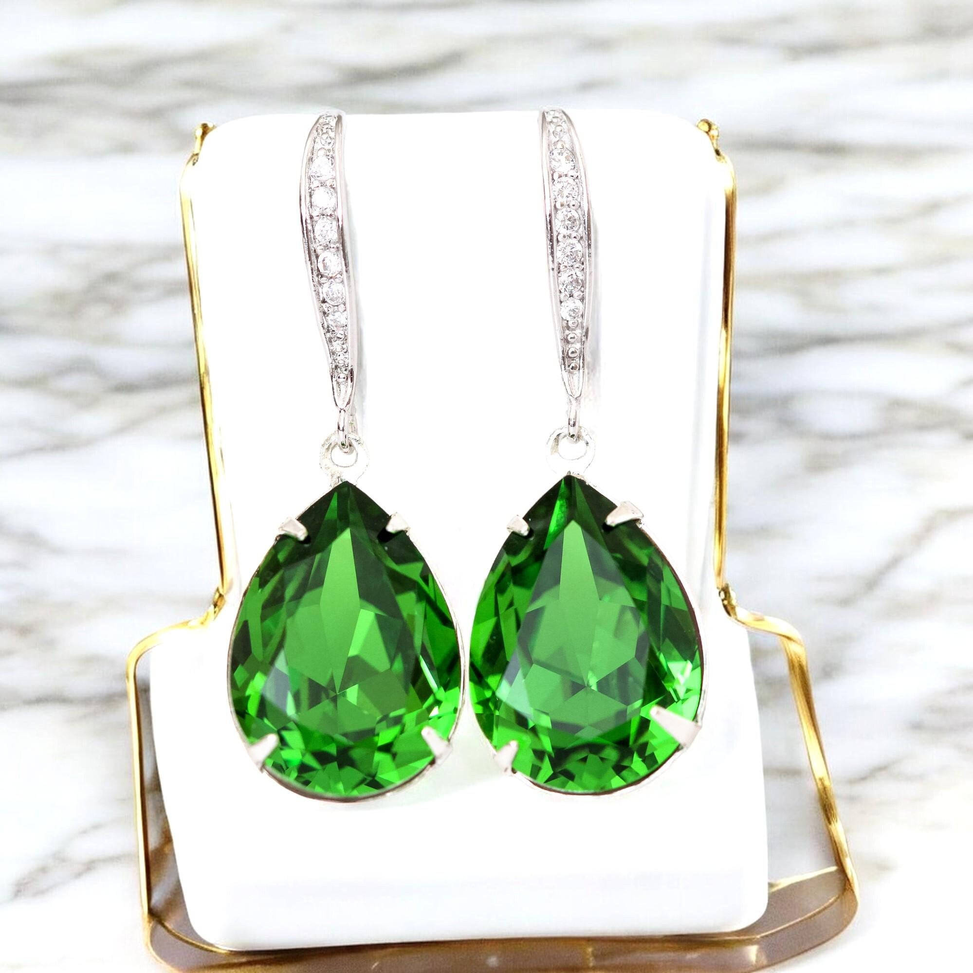 Green Earrings Bright Green Earrings Bridesmaid Earrings Crystal Fern ...