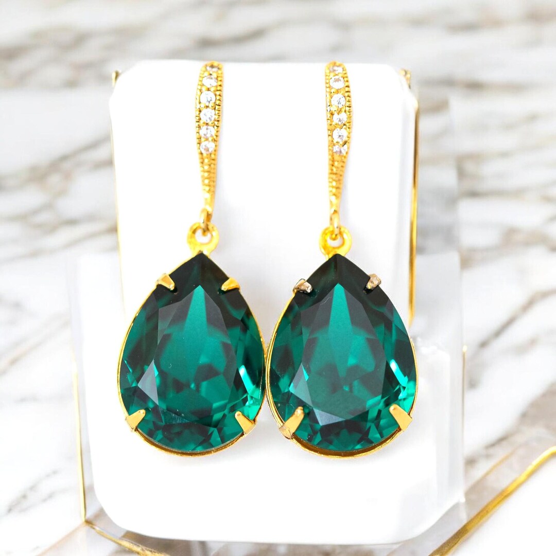 Emerald Gold Earrings Dark Green Earrings Crystal Emerald Earrings ...