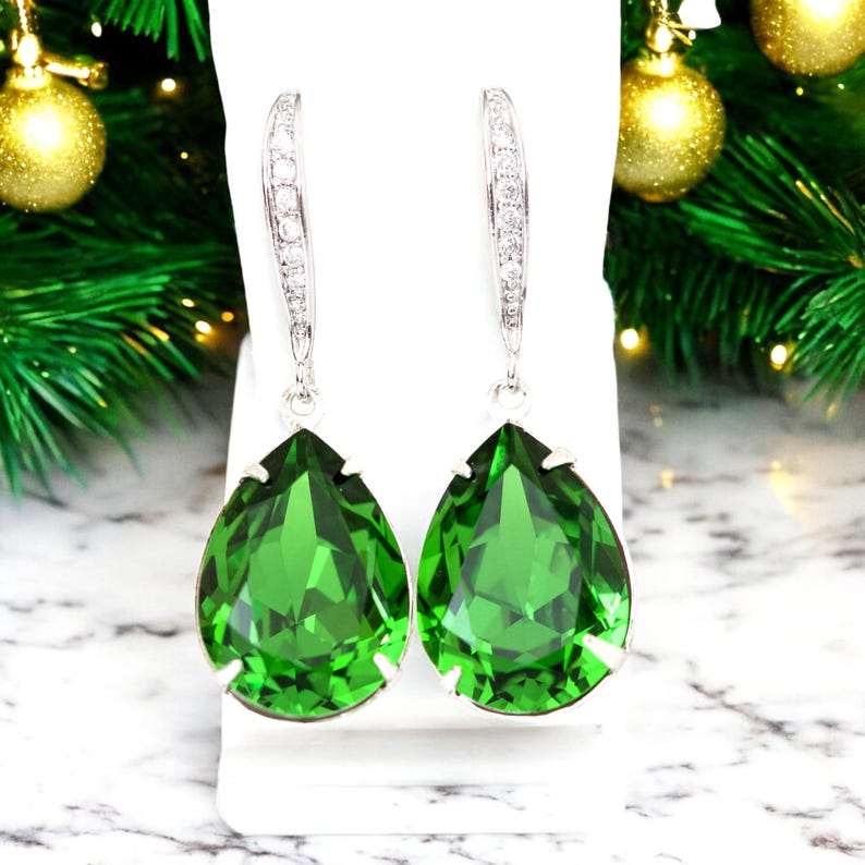 Green Earrings Bright Green Earrings Bridesmaid Earrings Crystal Fern ...