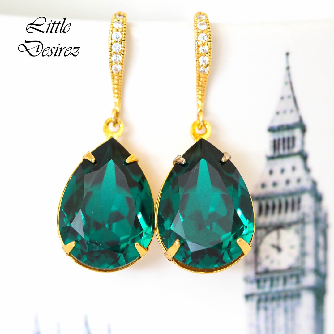 Emerald Gold Earrings Dark Green Earrings Crystal Emerald - Etsy