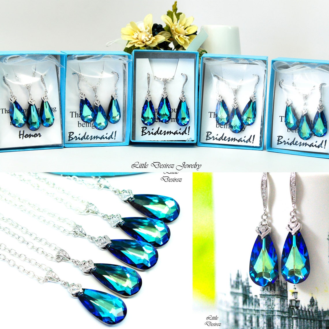 Bermuda Blue Crystal Necklace & Earrings Set Teal Blue Something Blue ...