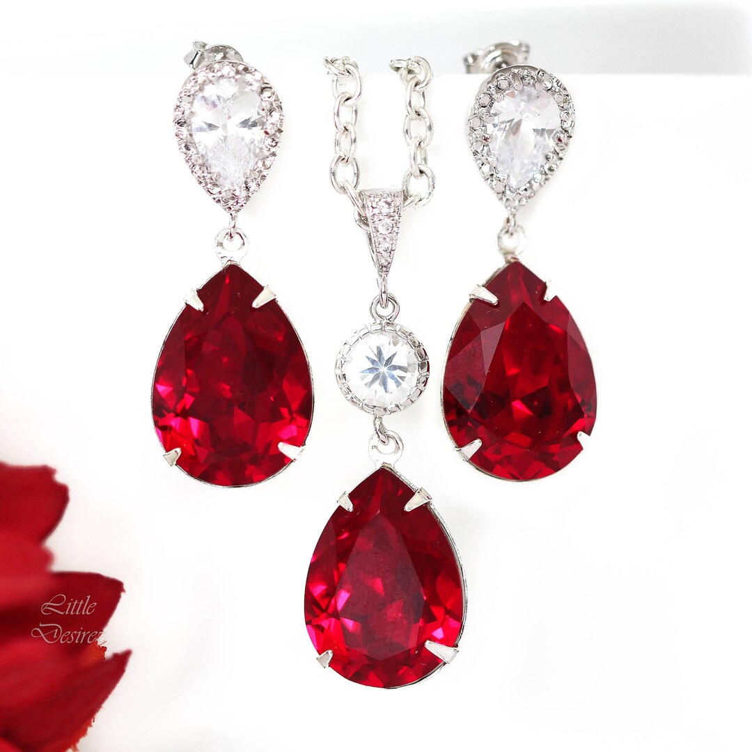 Red Earrings and Necklace Set Crystal Earrings & Necklace Set - Etsy