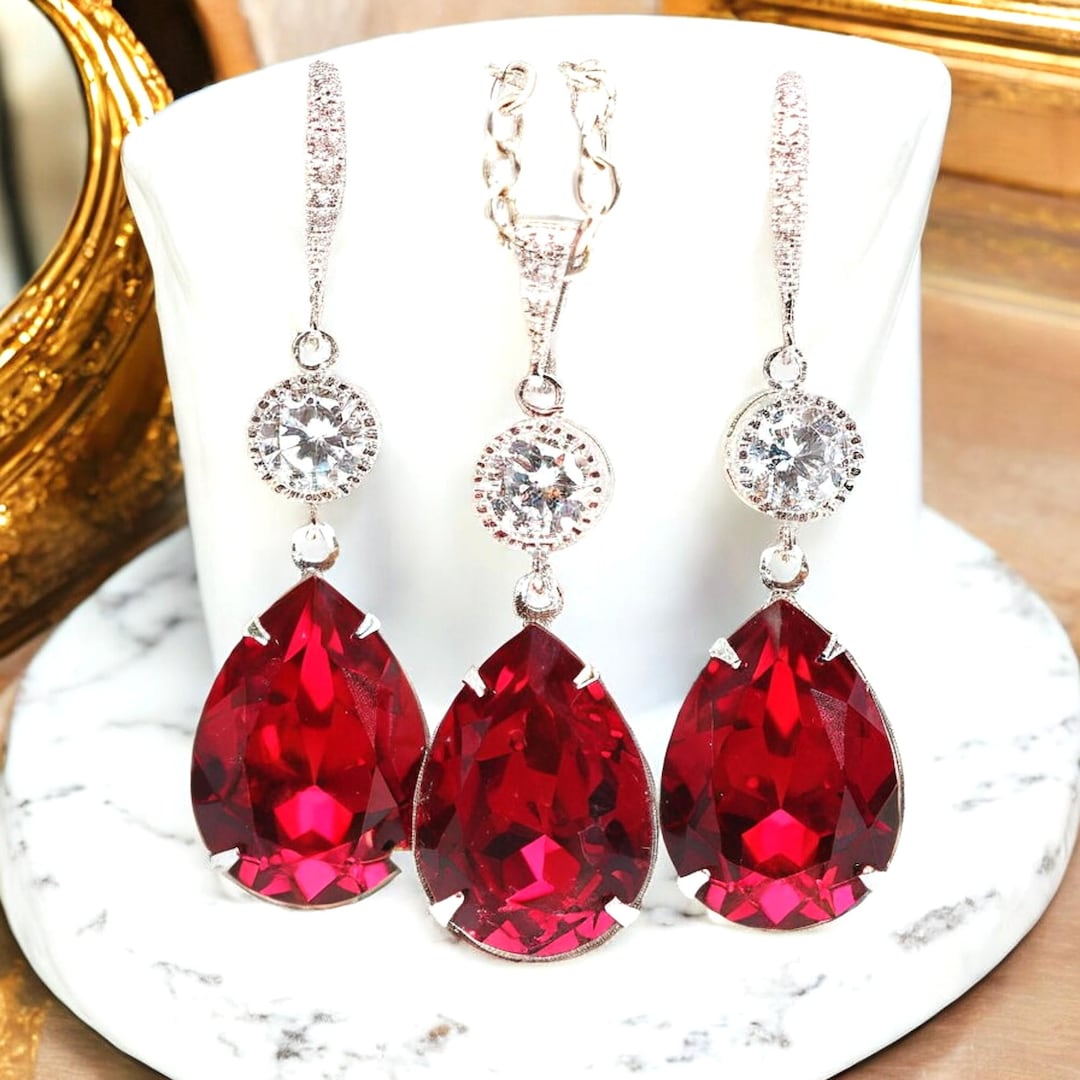 Red Earrings and Necklace Set Bridal Jewelry Bridesmaid Gift Set ...