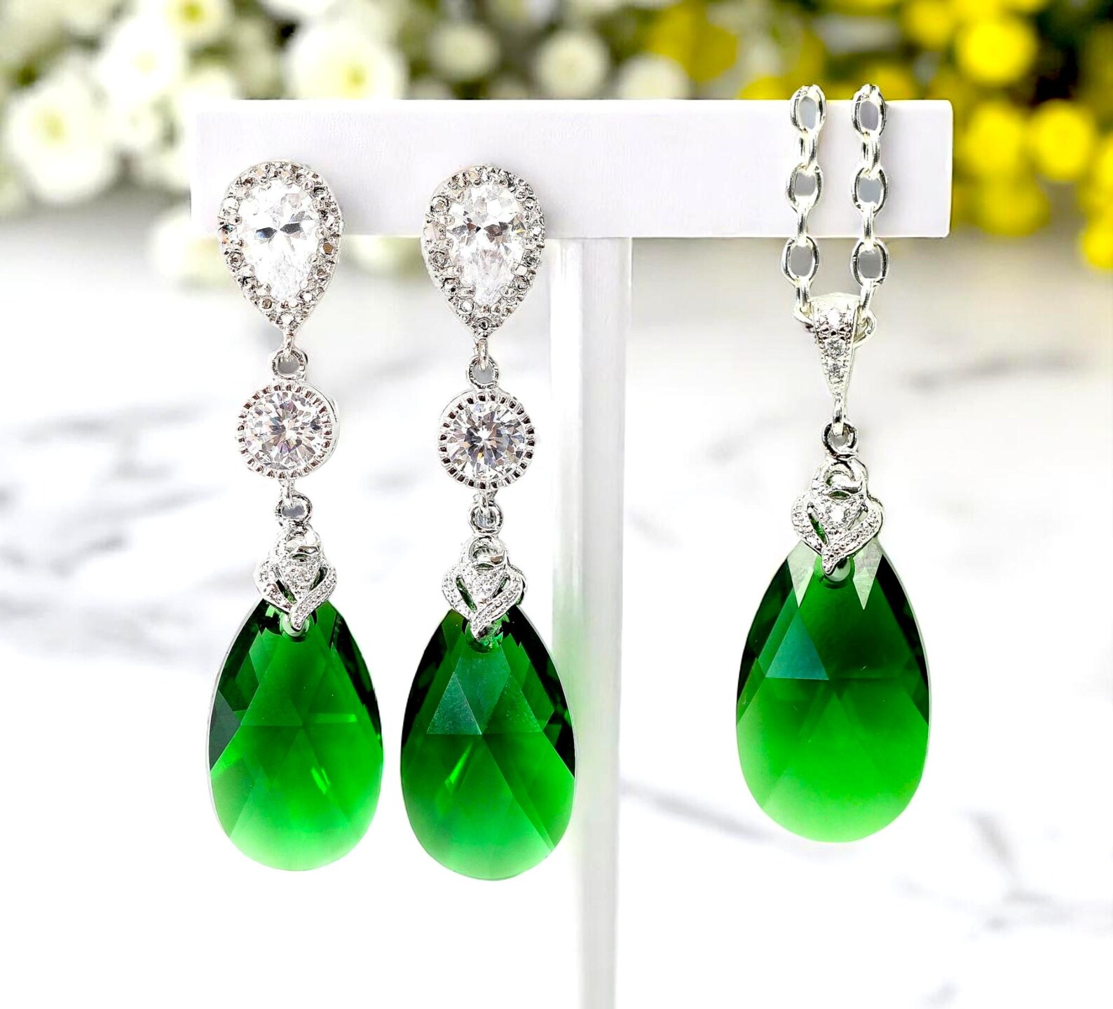 Green Earrings Emerald Earrings Bridal Earrings Long Crystal Earrings ...