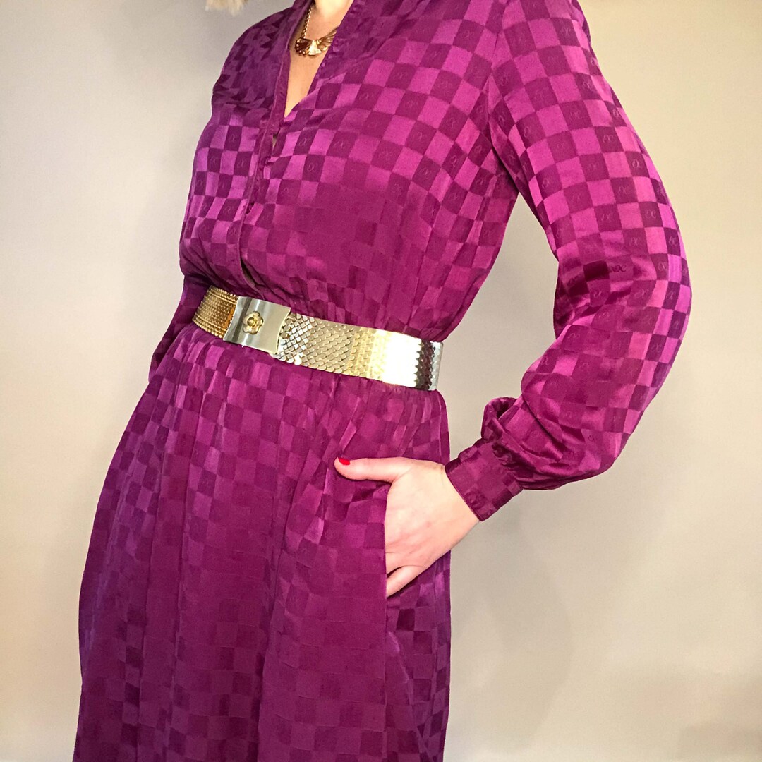 Small Medium Vintage Silk Checkered Dress : Fuchsia Purple Oleg Cassini ...