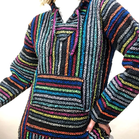 Small Vintage Poncho Black with Rainbow Stripes : Baj… - Gem