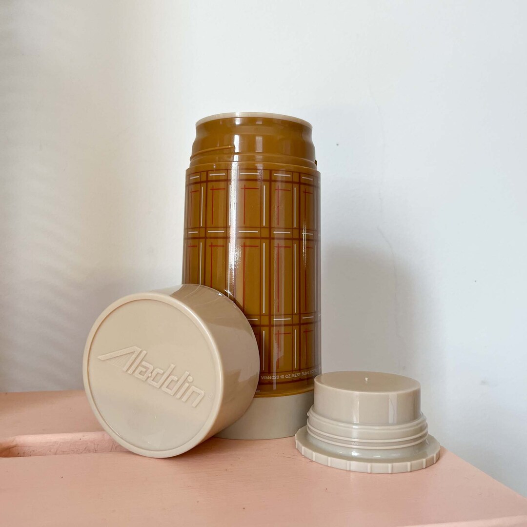 Vintage Aladdin Thermos : Tan Brown Plaid 10 Oz Insulated Wide Mouth - Etsy
