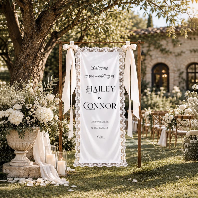Lace Wedding Welcome Sign, Custom Wedding Door Banner, Personalized ...