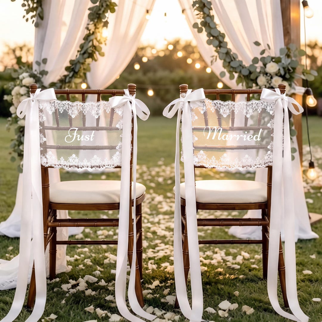 Personalized Lace Chair Signs, Just Married Bride & Groom Chair Banners ...