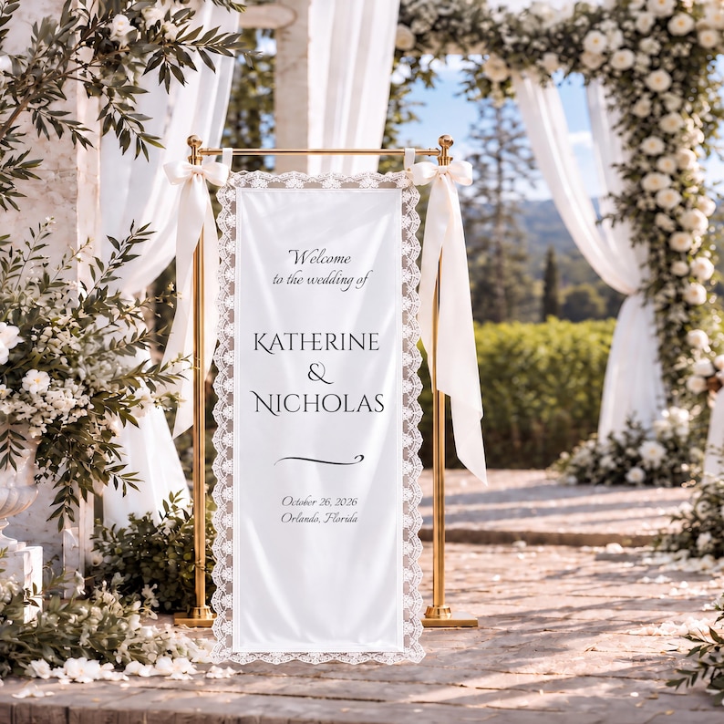 Lace Wedding Welcome Sign, Custom Wedding Door Banner, Personalized ...