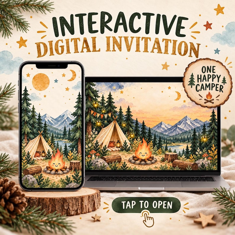 Interactive First Birthday Invitation | One Happy Camper Digital Invite ...