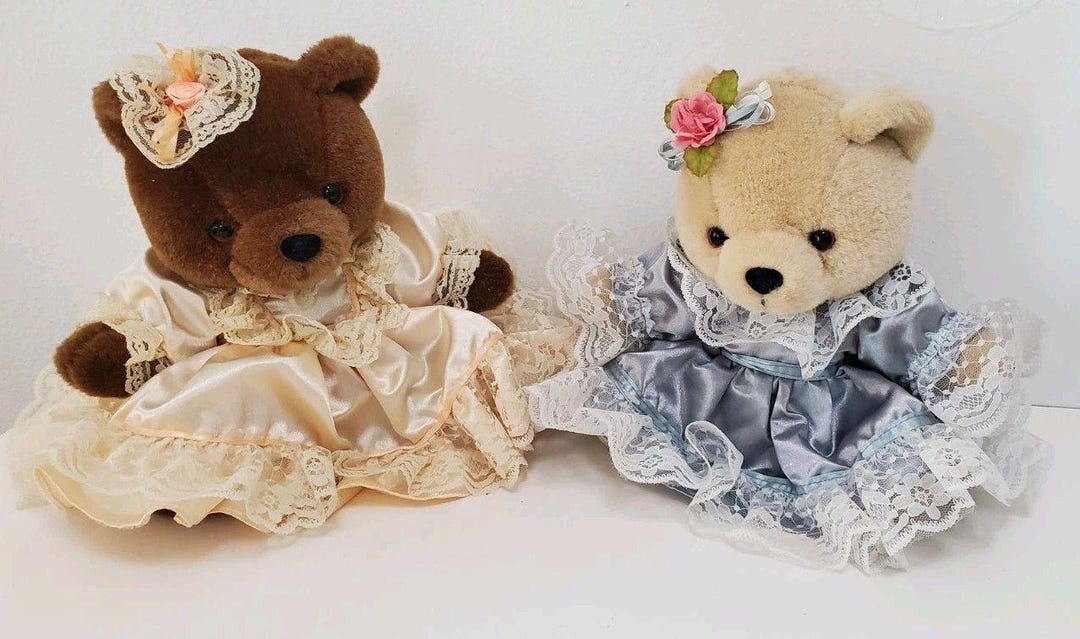 2 Anco Plush Teddy Bears Vtg 1991 Frilly Dresses Blue & Peach W/ Lace ...