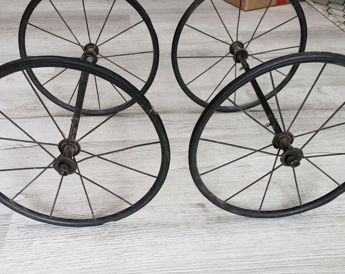 Set of Antique Wheels, 4 Buggy Wheels, Metal Spoked Wheels With Rubber ...