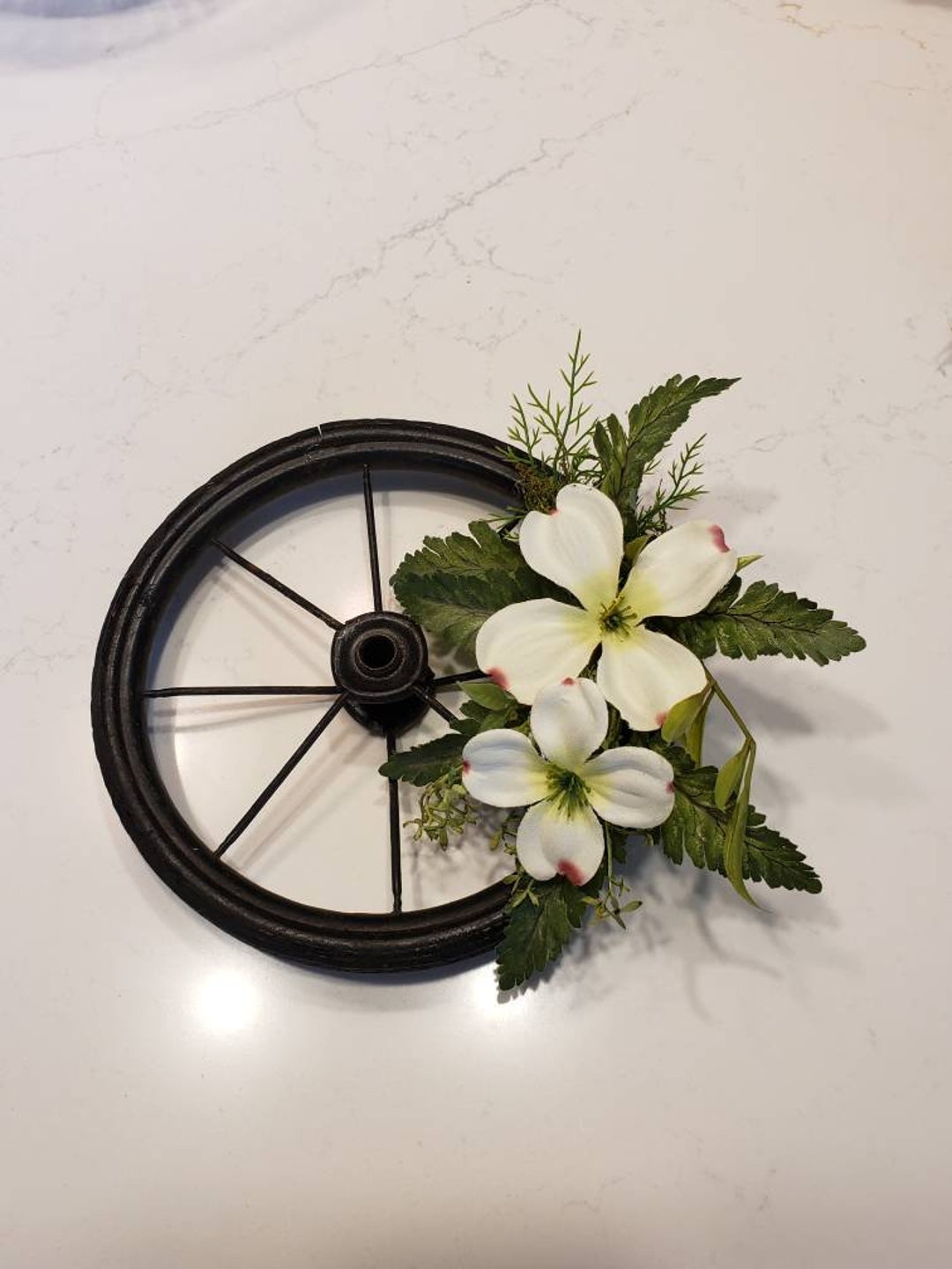 Antique Wheel Floral Arrangement, Dogwood, Moss, Faux Greenery ...