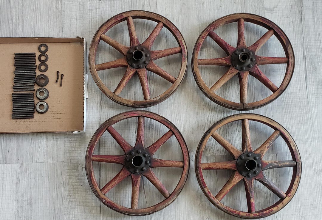 4 Antique 10" Wagon Wheels, Wood Spoke Wheels, Metal Rims, 10" Wheels ...