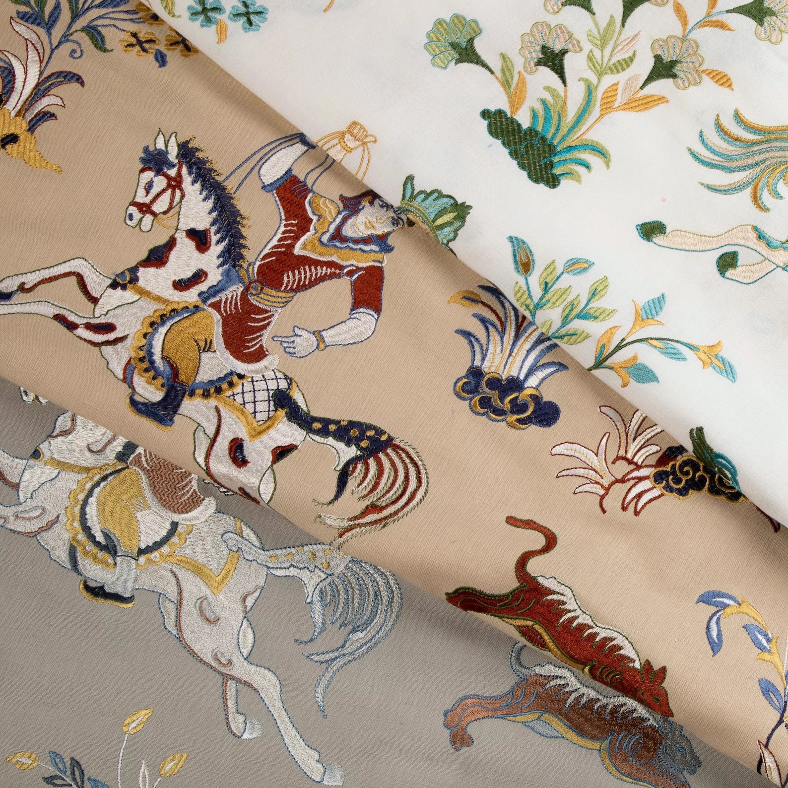 BRUNSCHWIG & FILS Arabian Horses Deer Floral Embroidered Fabric 3 Yards ...