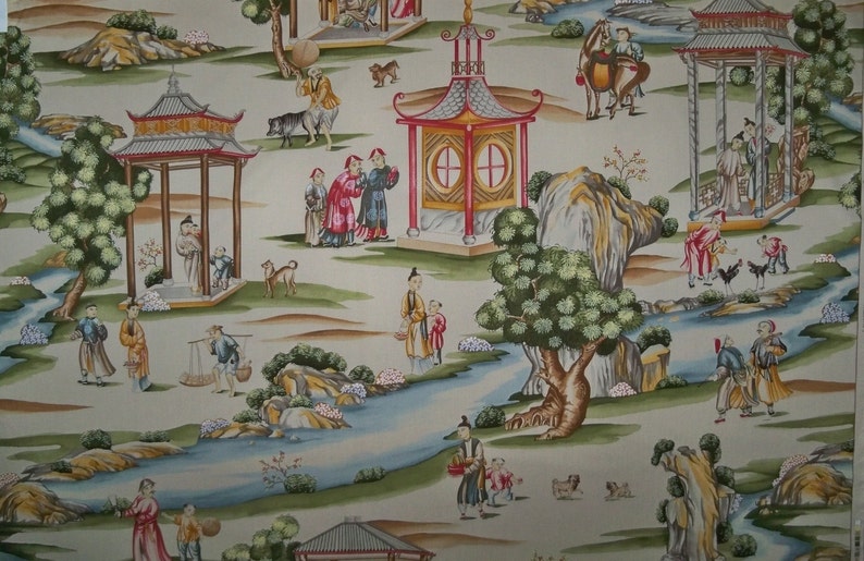 SCALAMANDRE CHINOISERIE SHANGHAI Handprinted Toile Fabric 10 Yards Tea ...