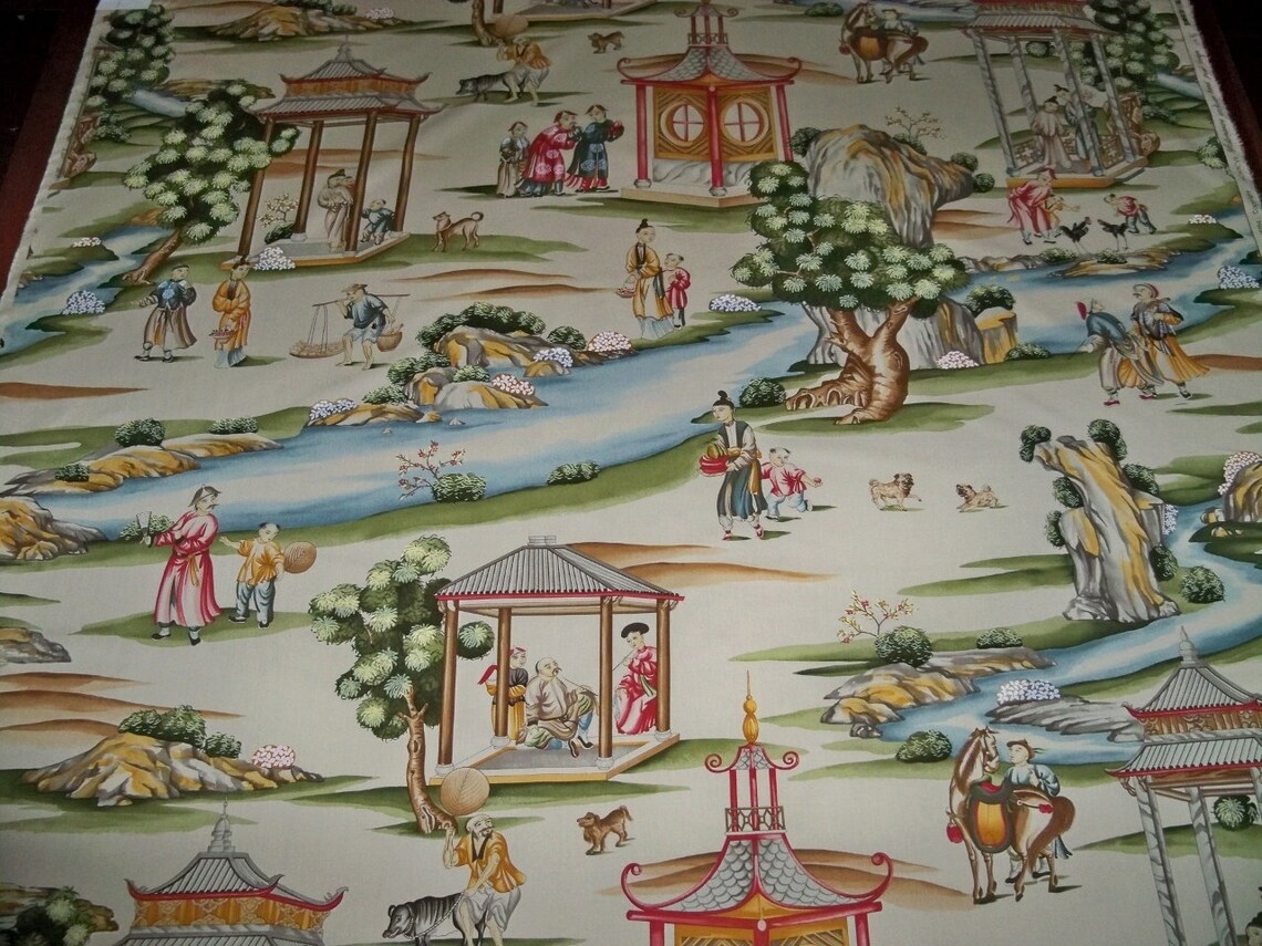 SCALAMANDRE CHINOISERIE SHANGHAI Handprinted Toile Fabric 10 Yards Tea ...
