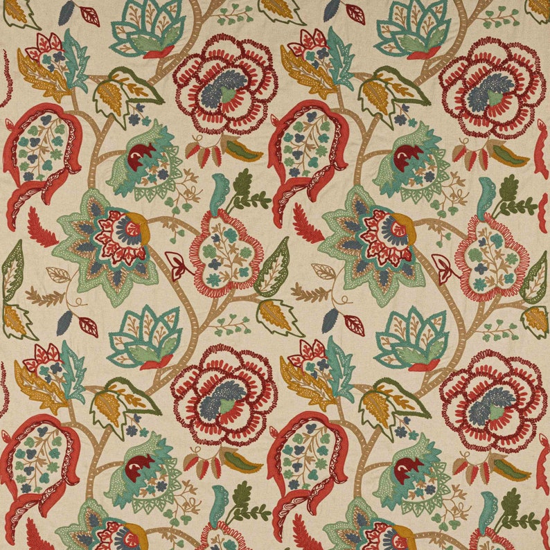 COLEFAX & FOWLER Bohemian Garden Embroidered Floral Fabric 3 Yards Red ...
