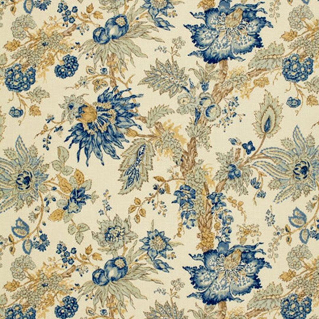 SCHUMACHER Exotic Jacobean Floral Cotton Fabric 10 Yards Indigo Multi ...