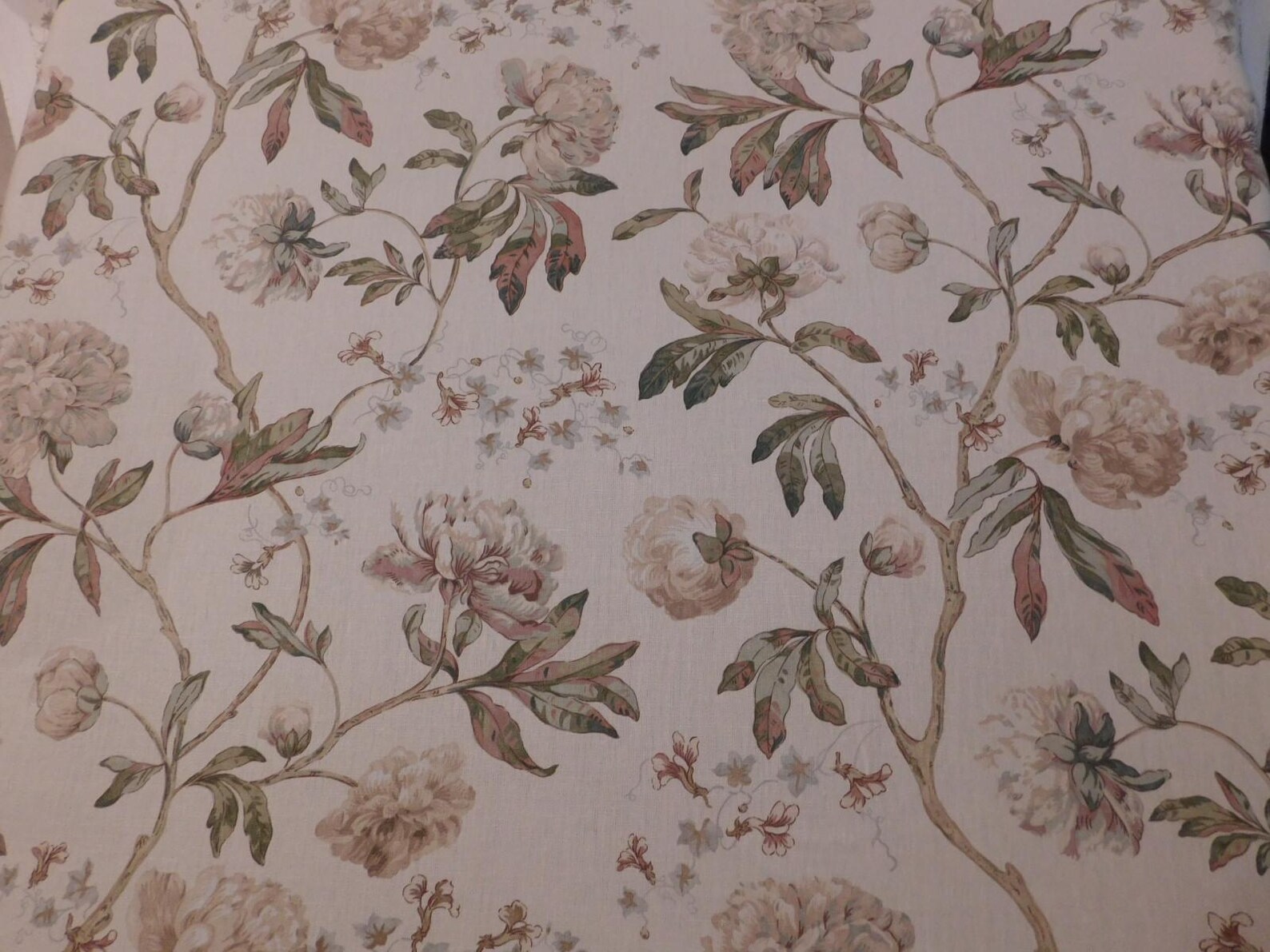 COLEFAX & FOWLER Cabbage Roses Scrolling Vines Branches Linen Print Fabric 10 Yards Ivory Green ...