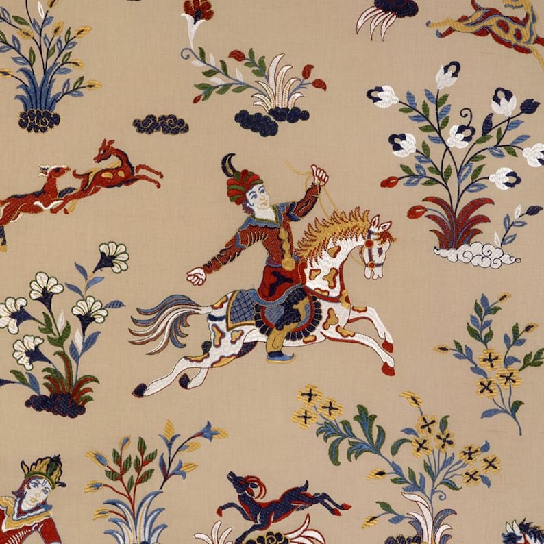 BRUNSCHWIG & FILS Arabian Horses Deer Floral Embroidered Fabric 3 Yards ...