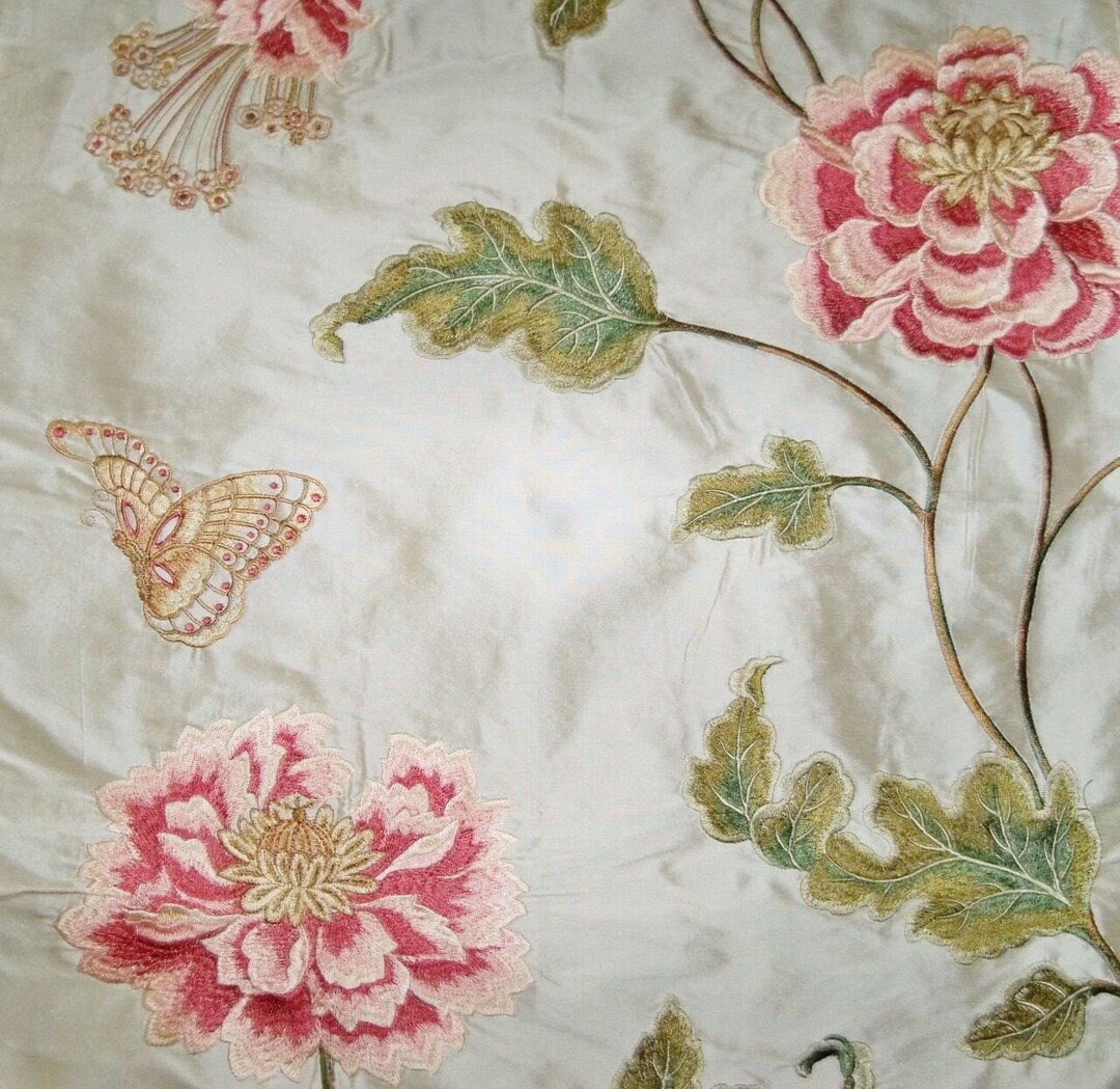 COLEFAX & FOWLER ORIENTAL Poppy Floral Embroidered Silk Fabric 3 Yards ...