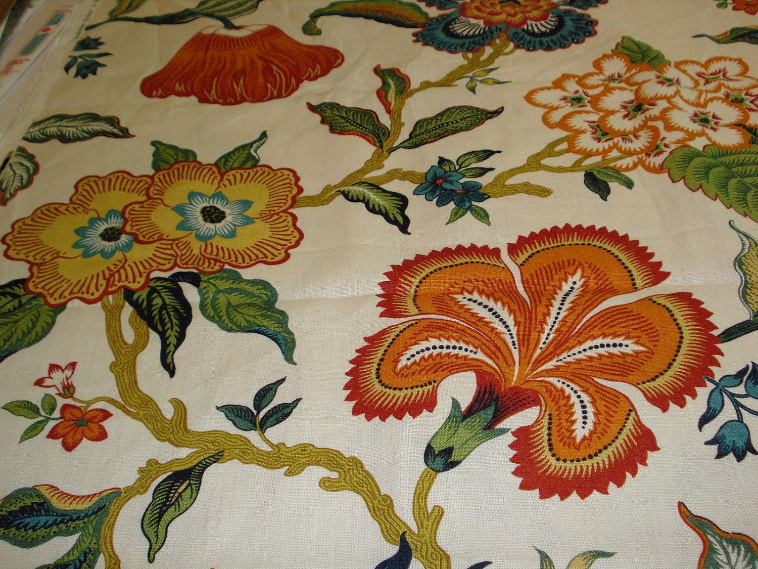 SCHUMACHER EXOTIC JACOBEAN Tree of Life Linen Fabric 10 Yards Persimmon ...