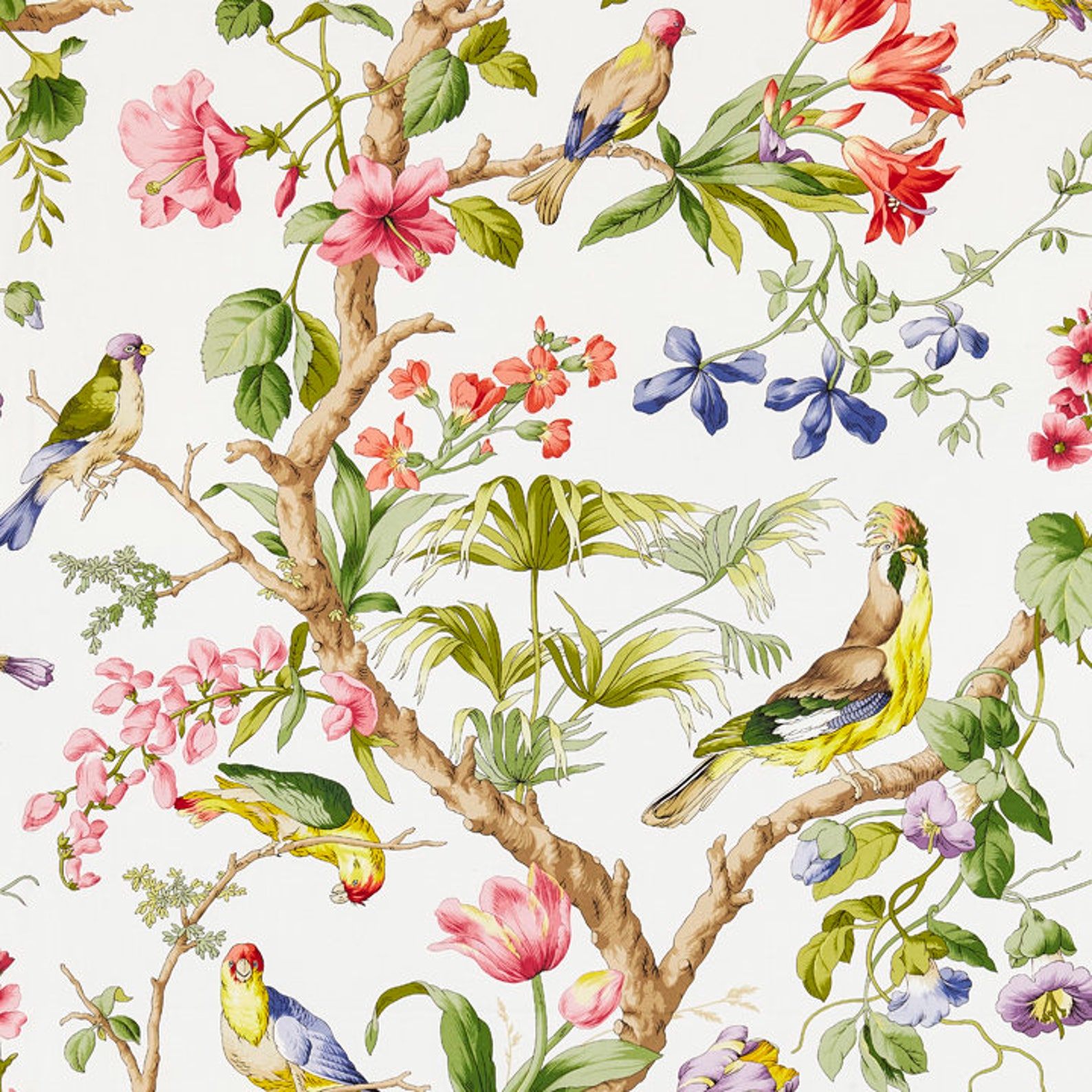 SCALAMANDRE TROPICAL BOTANICAL Birds Toile Fabric 10 Yards Ivory Rose ...