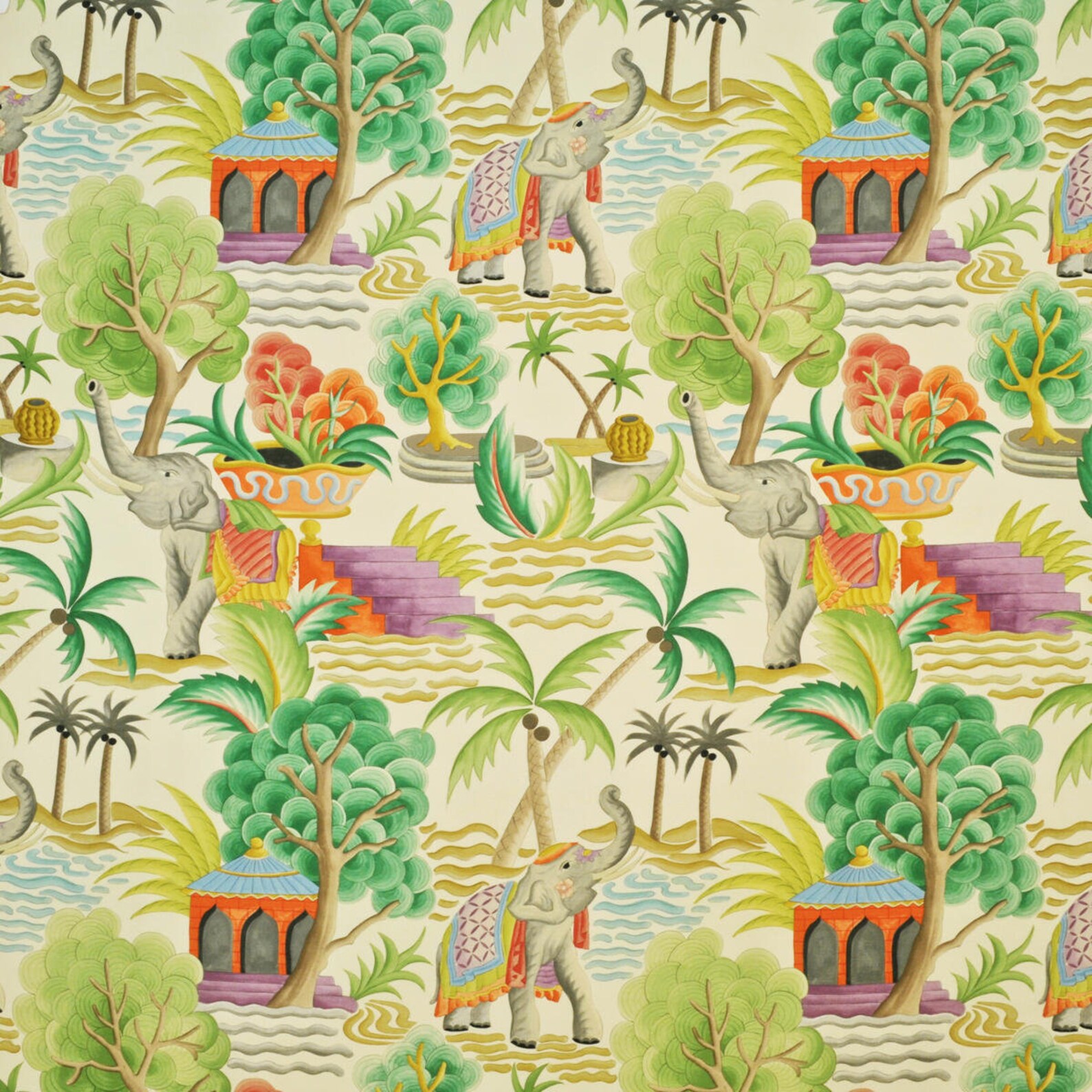 CLARENCE HOUSE Elephants Trees Fabric 10 Yards Cream Grey Green Multi ...